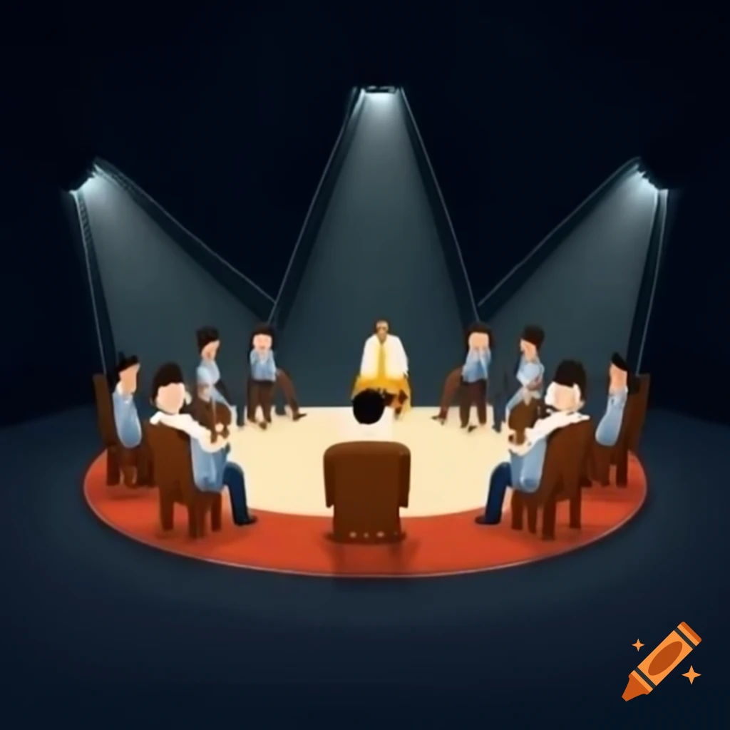 Group debate with six men in semi-circle and moderator on Craiyon