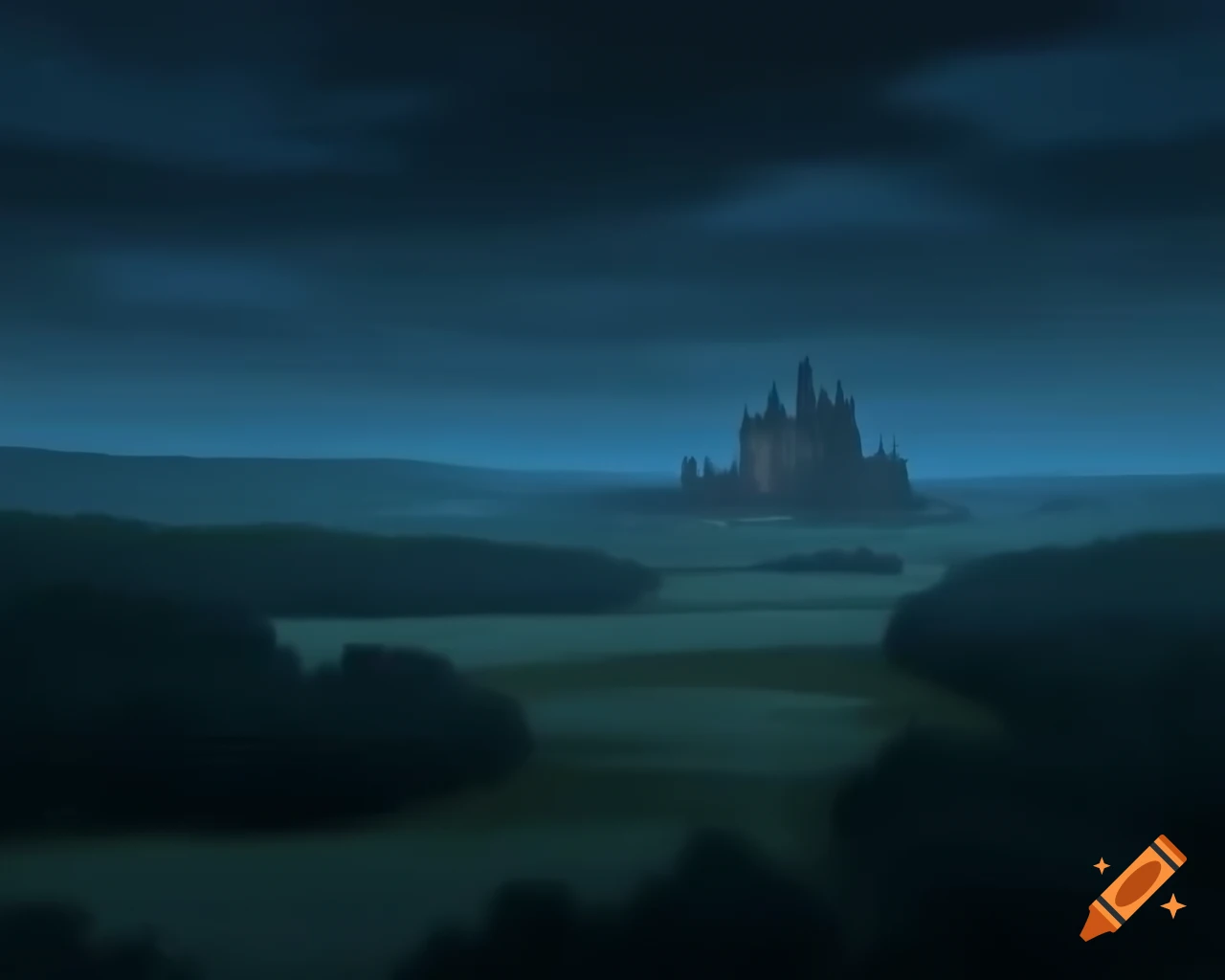 European castle in dark landscape with faint lights and vast forest at ...