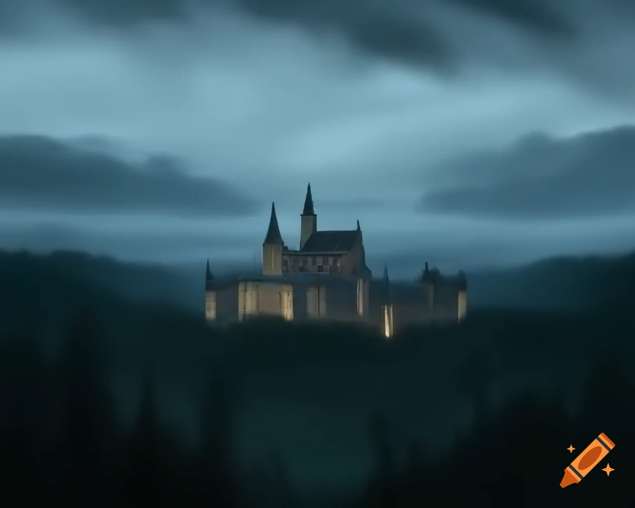 European castle with faint lights in dark forest landscape at midnight ...