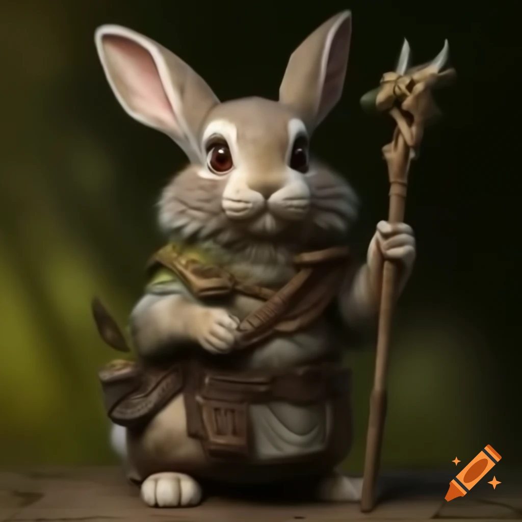 Realistic humanlike rabbit character with druid's staff representing ...