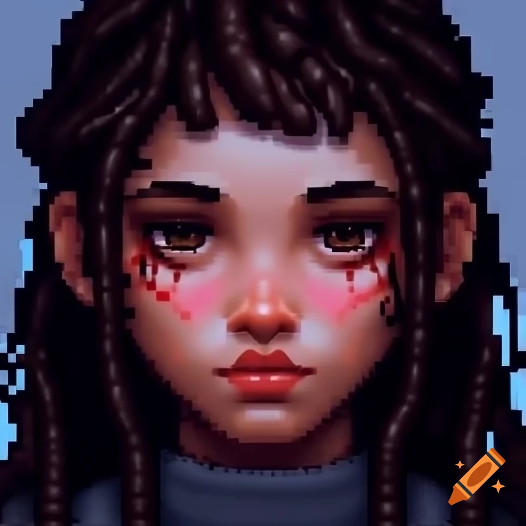 Pixel art portrait of blindfolded woman with dark braided hair and cold ...