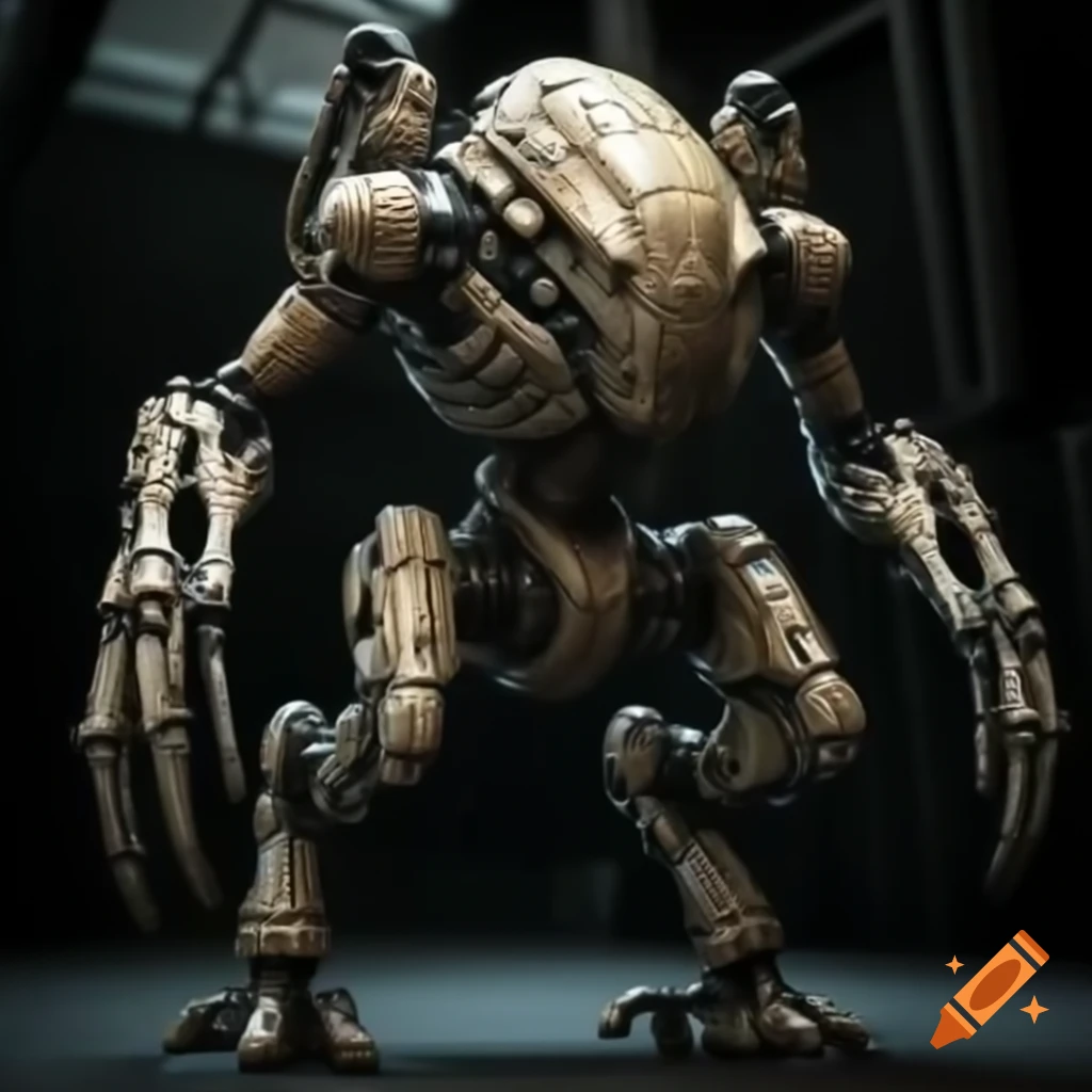 Intricate alien mech resembling a spider, equipped with heavy weaponry ...