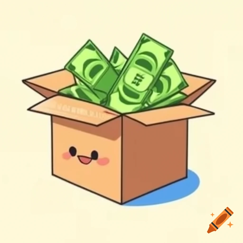 Cartoon drawing of cardboard box with smiling face filled with cash on ...