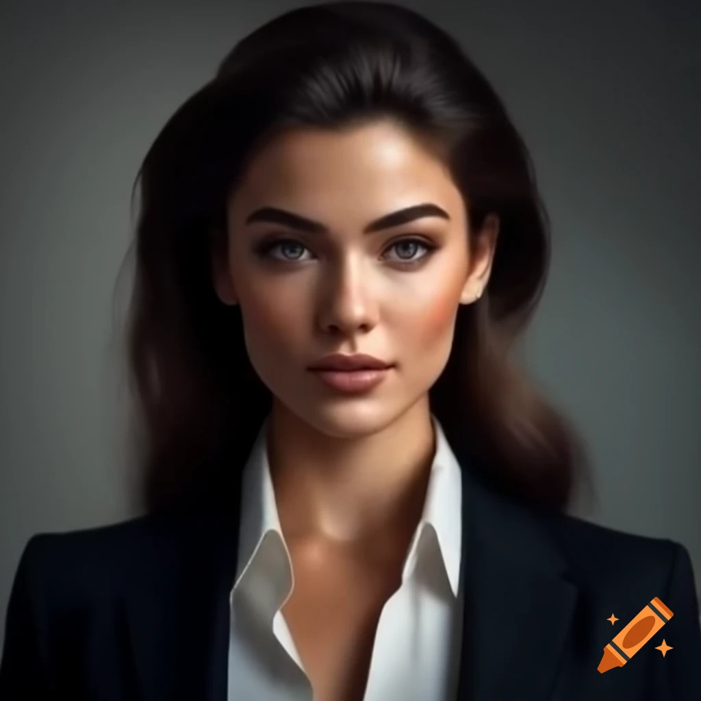 Confident businesswoman in sharp suit with tied back brunette hair on Craiyon
