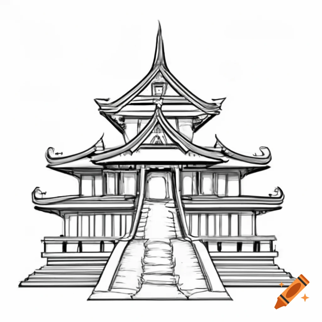 Sketch drawing of a temple featuring grand openings and tiered roofing ...