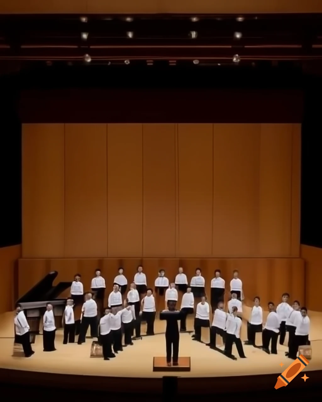 Mixed Asian choir performing in concert hall with brown background on ...