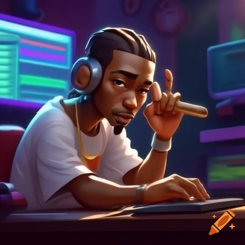 Stylish cartoon character with cornrows at computer in vibrant music ...