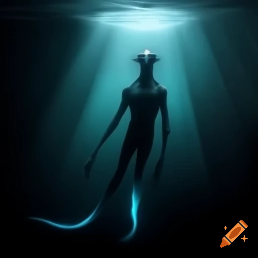 Colossal entity swimming in black abyss with bioluminescent tail and ...