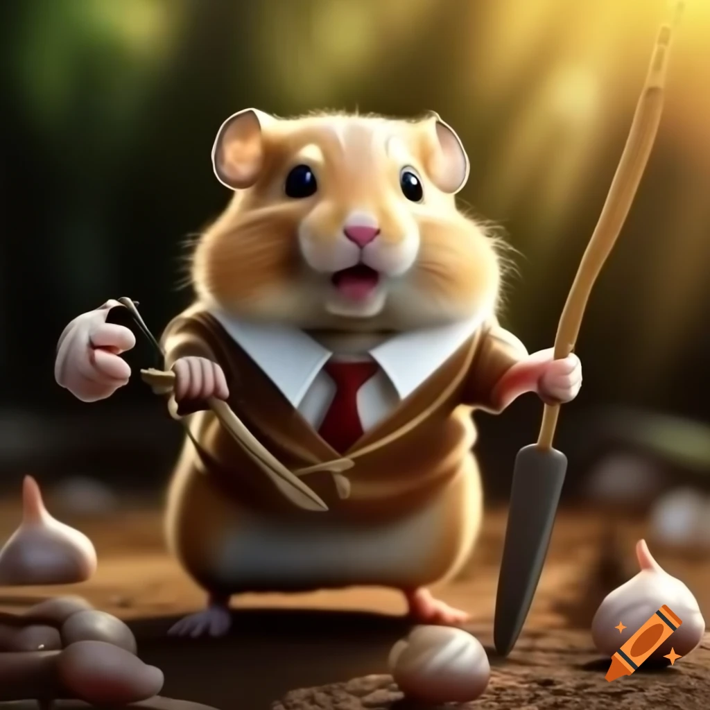 Hamster tending garlic garden with hoe under sunlight on Craiyon