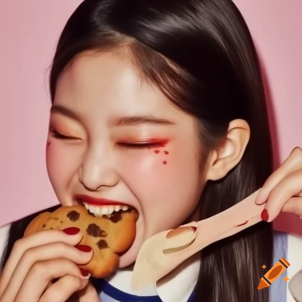 BLACKPINK Jennie enjoying a crumble cookie on Craiyon
