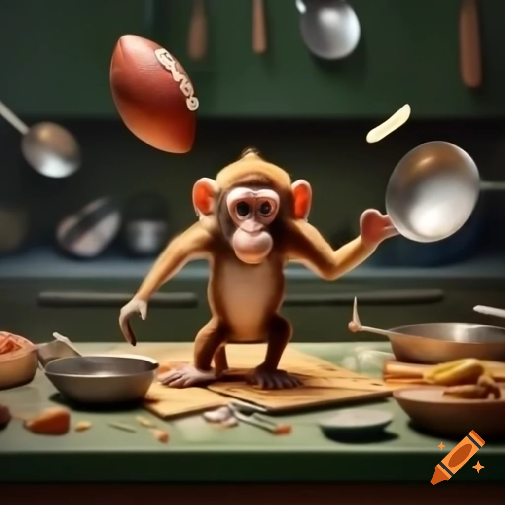 Monkey kicking football in kitchen with scattered cooking bowls and ...