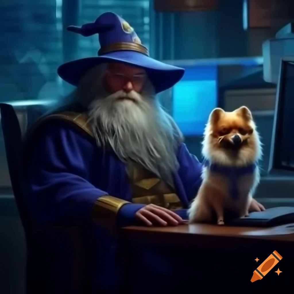 Wizard in star patterned robe using computer with Excel and a ...