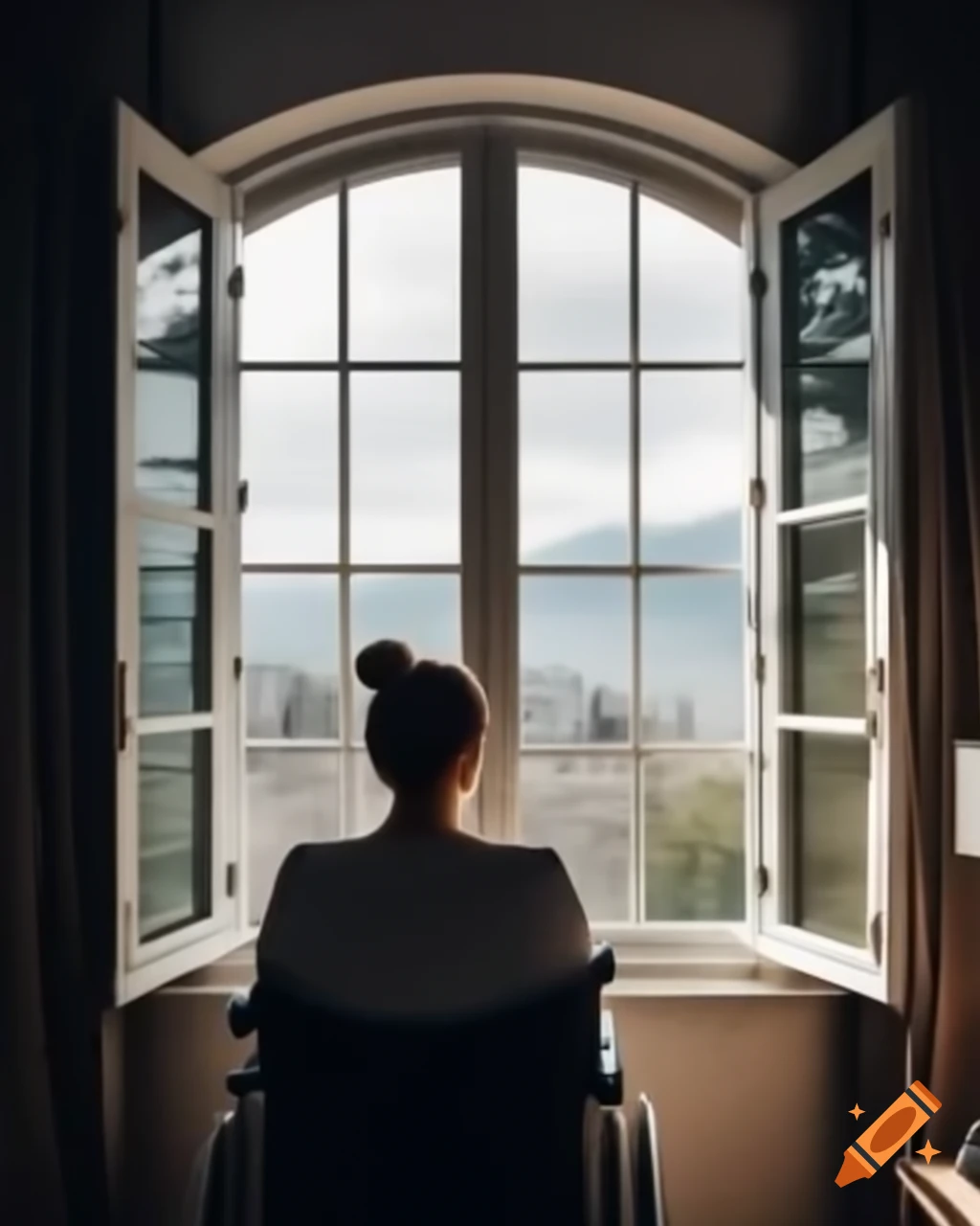 Person with disability observing from bedroom window on Craiyon