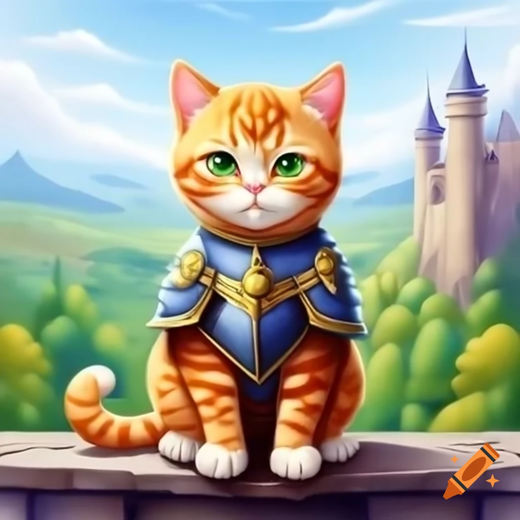 Regal ginger cat in armor before Norman castle with emerald eyes on Craiyon
