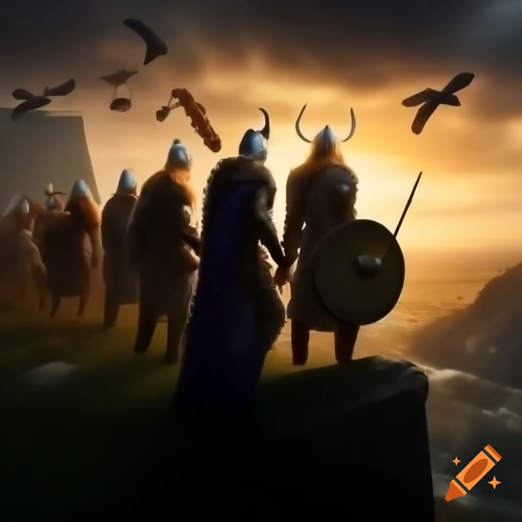 Viking warriors on cliff at sunset overlooking burning village with ...