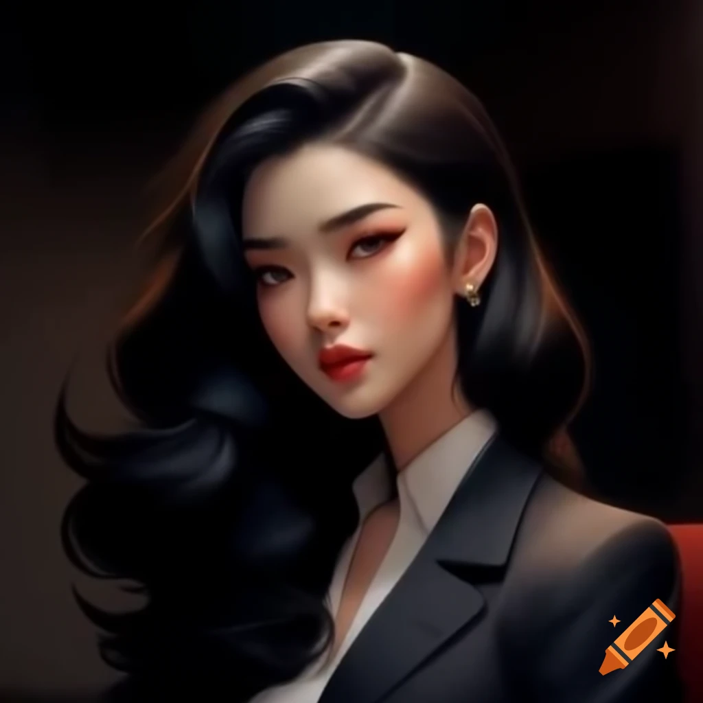 Confident woman in sharp business attire with elegantly styled dark ...