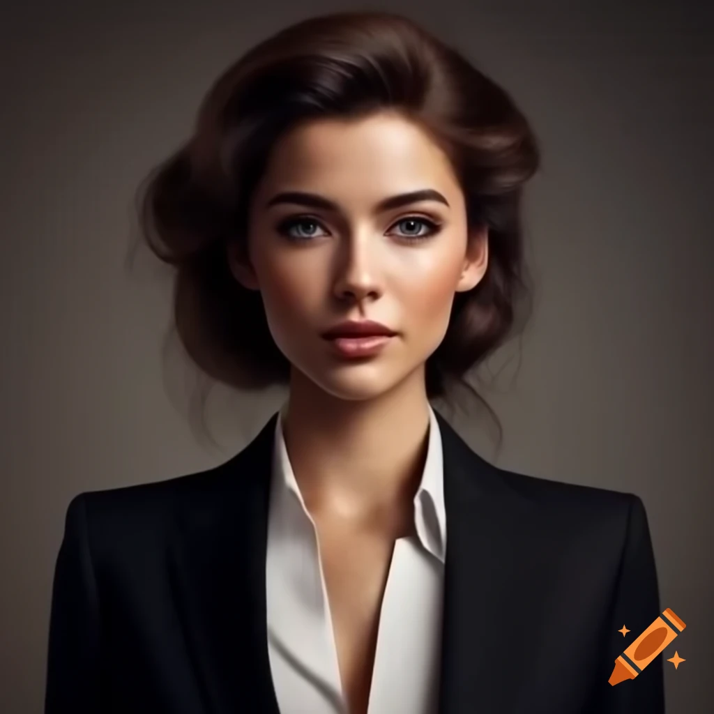 Confident young businesswoman in sharp suit with tied-back hair on Craiyon