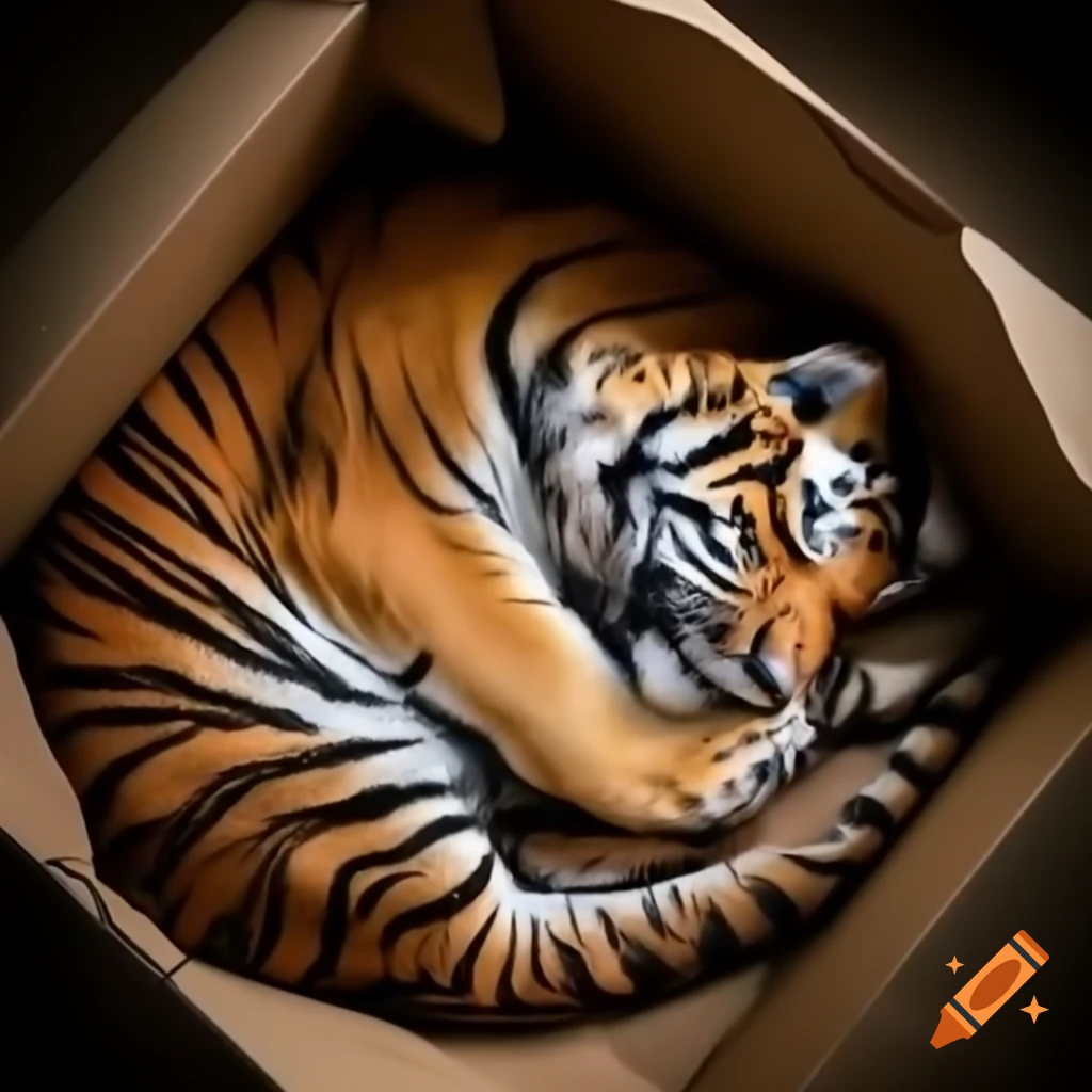 Tiger sleeping in a curled position inside a box on Craiyon