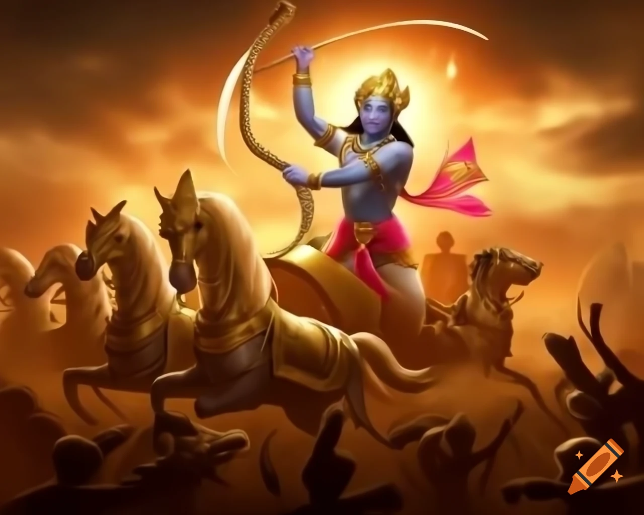 Epic Mahabharat battle scene at Kurukshetra with Arjuna on chariot and ...