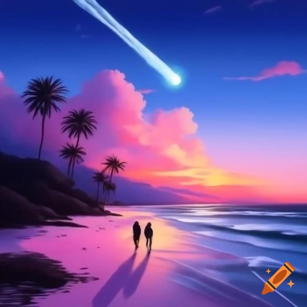 Breathtaking sunrise with comet over luminous beach and palm trees on ...