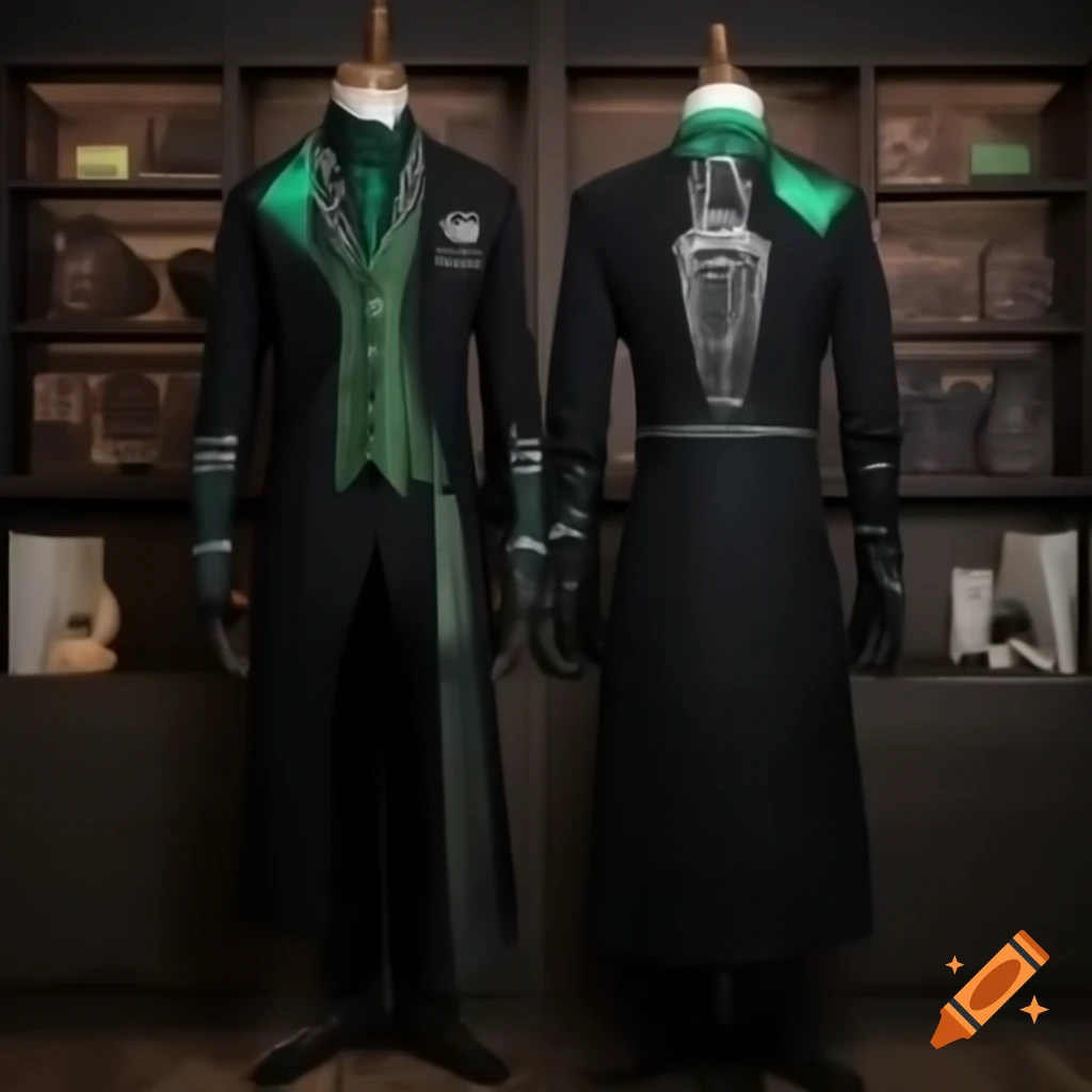 Faceless male librarian attire in black, green, and silver with arcane ...