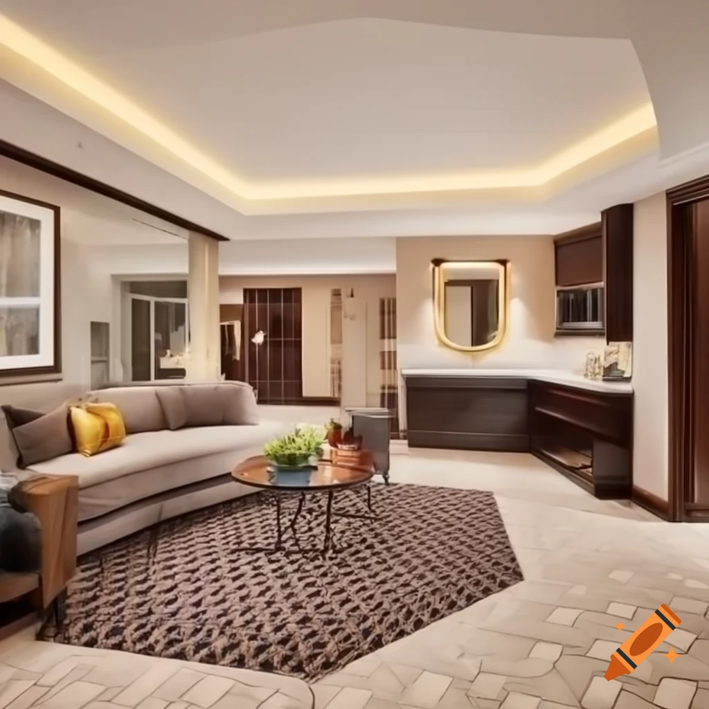 Luxurious octagon shaped hotel suite with living area and kitchenette ...
