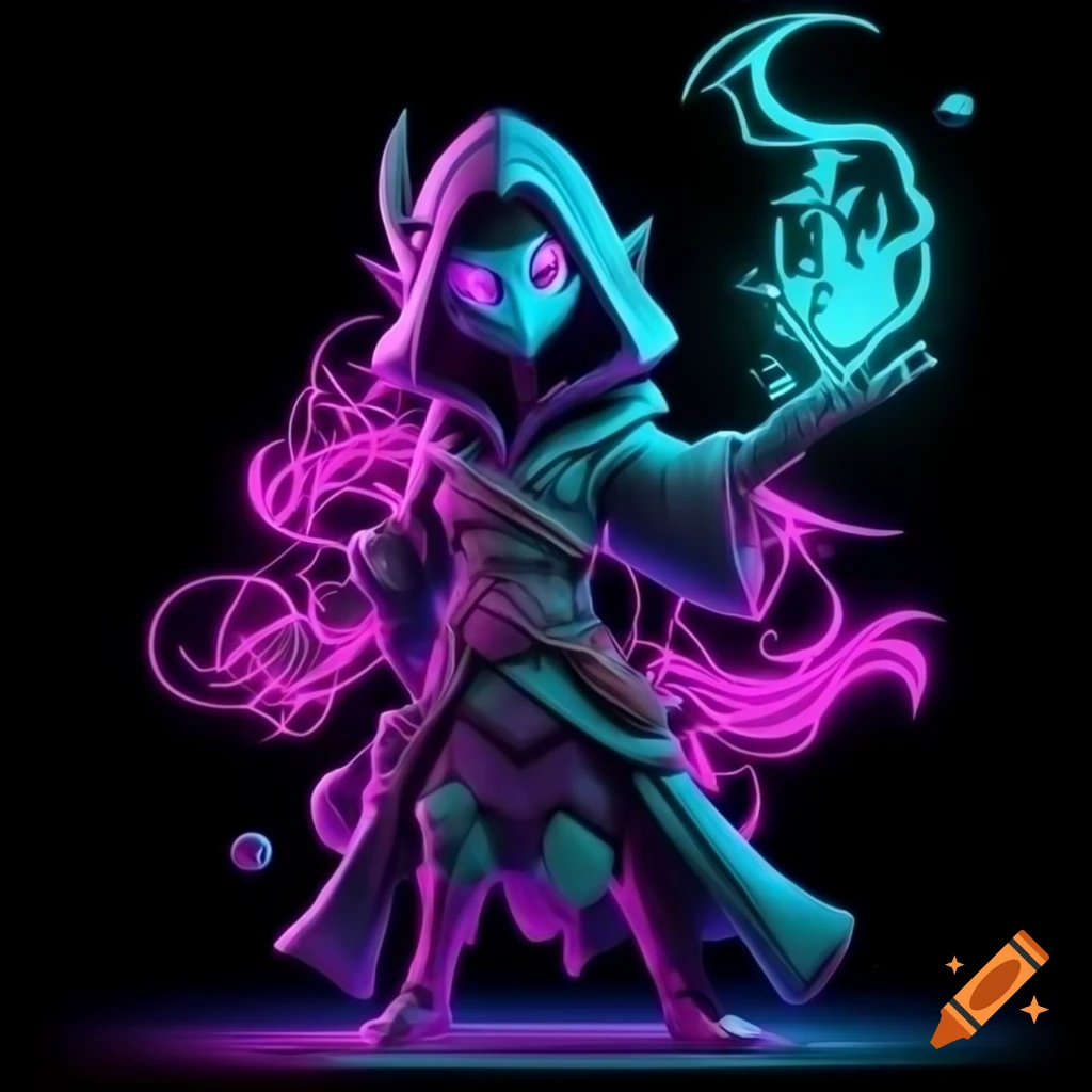 Cartoon illustration of arcane mage casting spell in neon colors on Craiyon