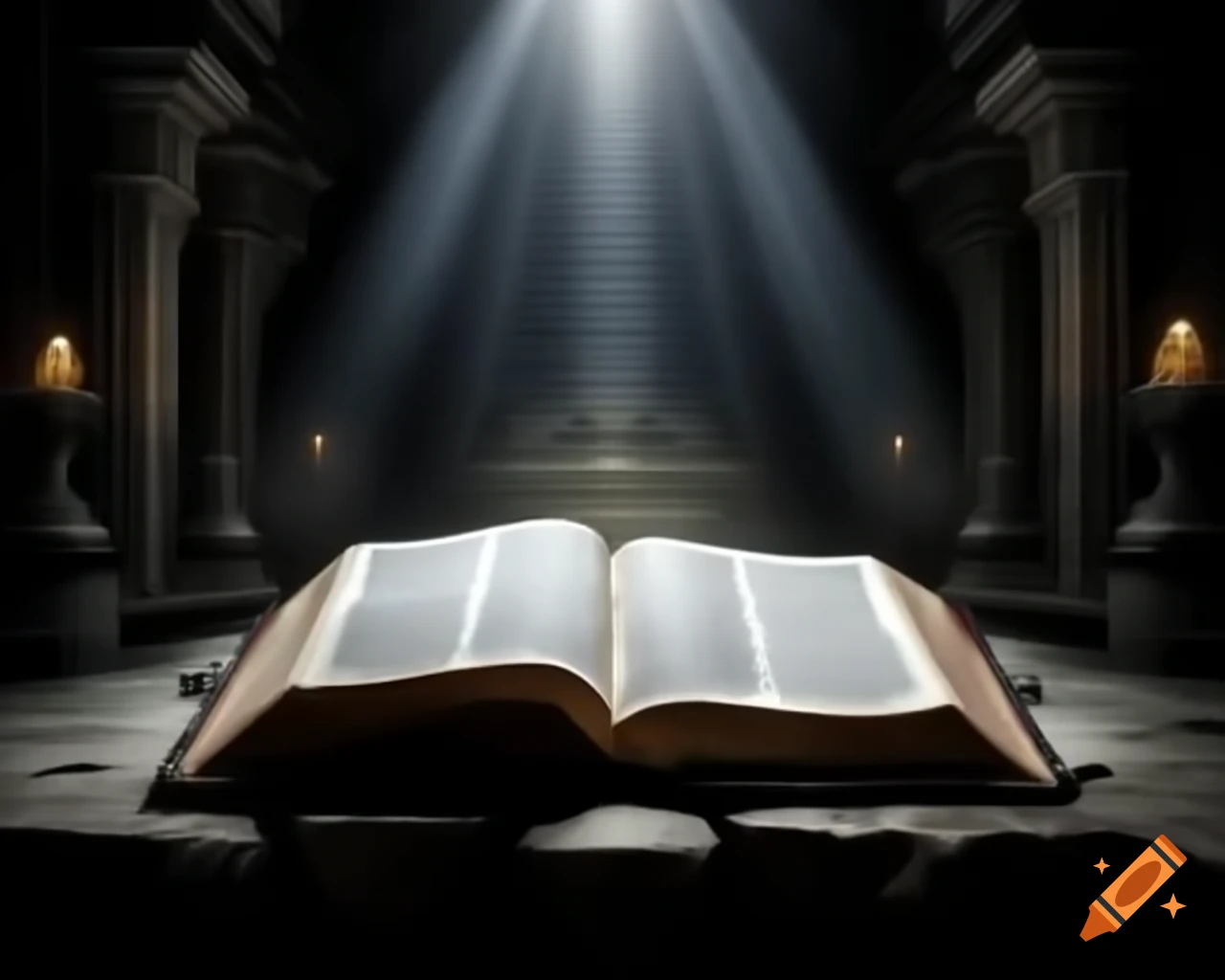 Open Bible on stone altar with light radiating, dramatic scene with ...