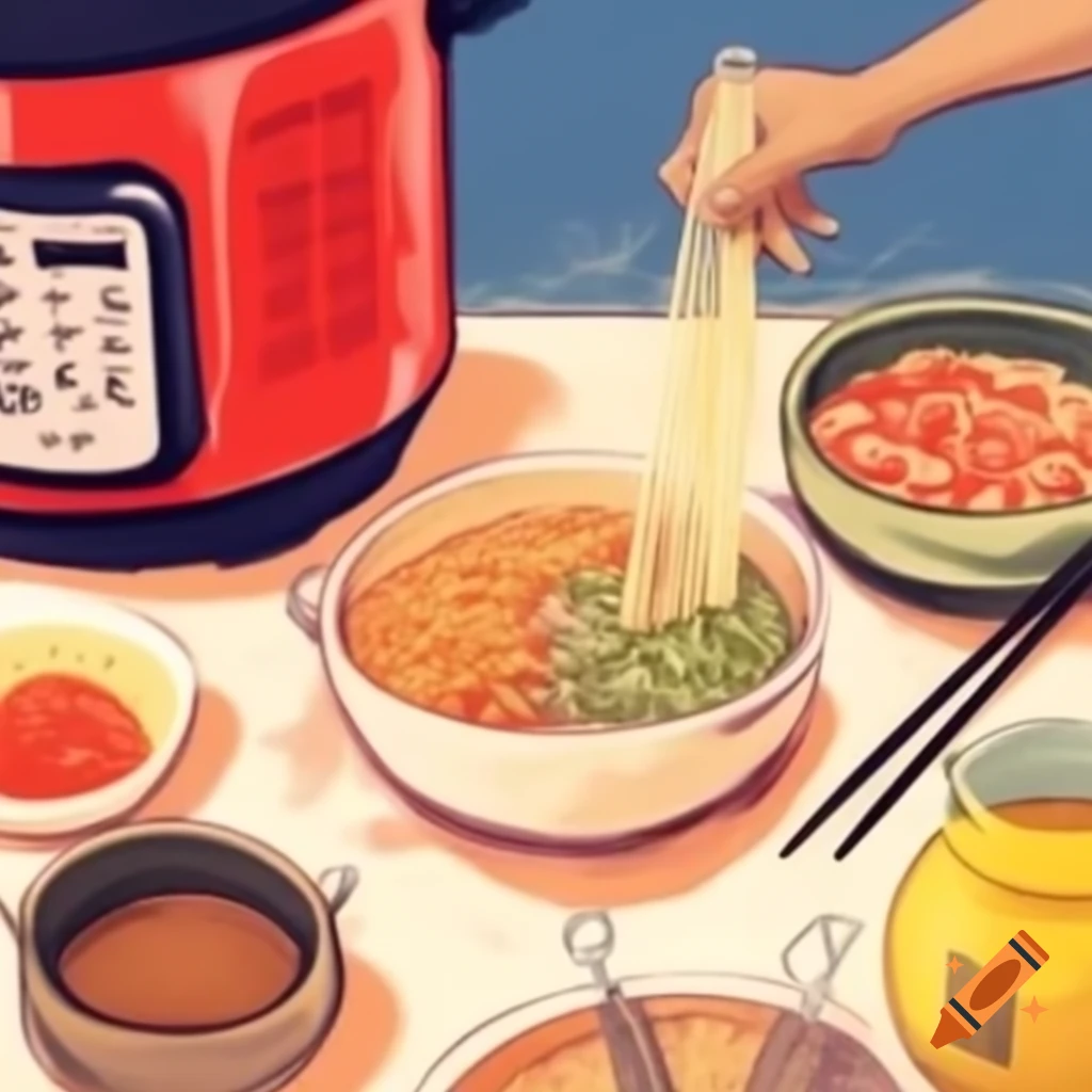 Cozy cooking scene with pot of tomato sauce, instant noodle ingredients ...