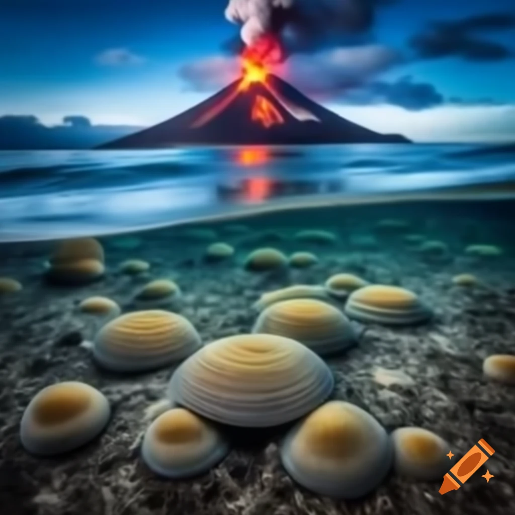 Stromatolites in shallow sea with erupting volcano in background ...