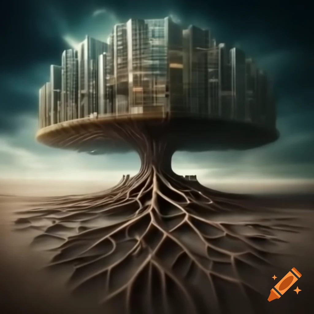 Surreal artwork featuring a tree with a city on its branches and ...