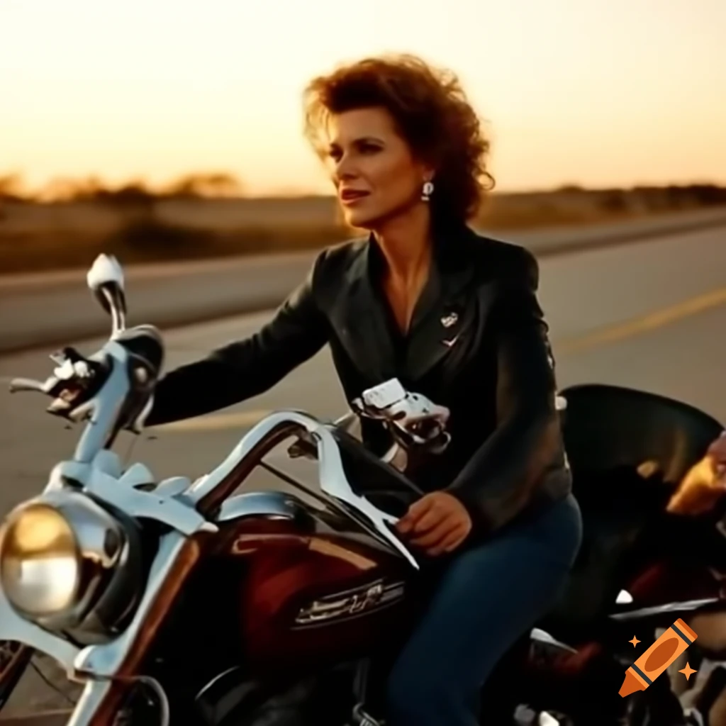 Shania Twain riding Harley Davidson motorcycle at sunset on Craiyon