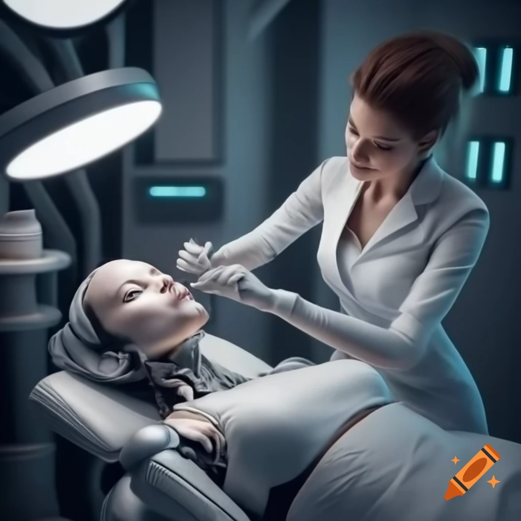Woman undergoing cyborg transformation in futuristic beauty clinic on ...