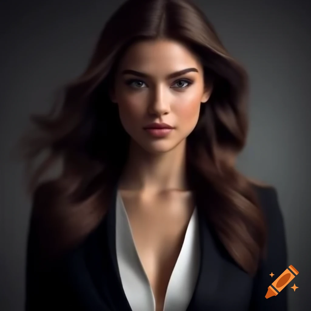 Confident businesswoman in sharp suit with tied-back brunette hair on Craiyon