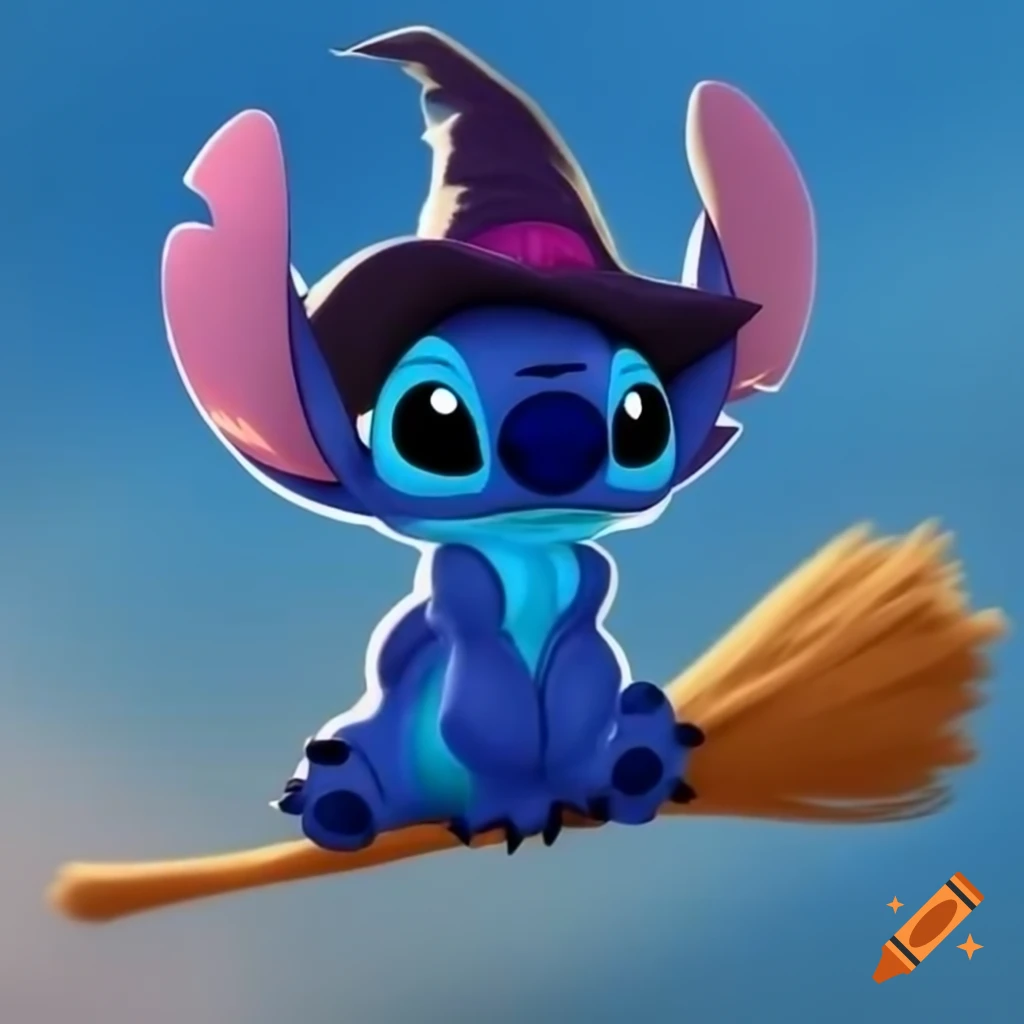 Stitch flying on broom with witch's hat on Craiyon
