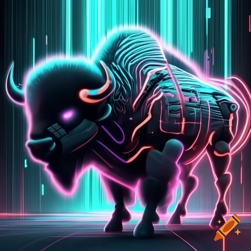 Cybernetic bison with glowing lines and binary code in cyberpunk style ...