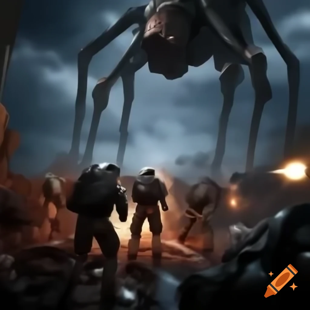 Futuristic battlefield with space marines fighting giant spider ...
