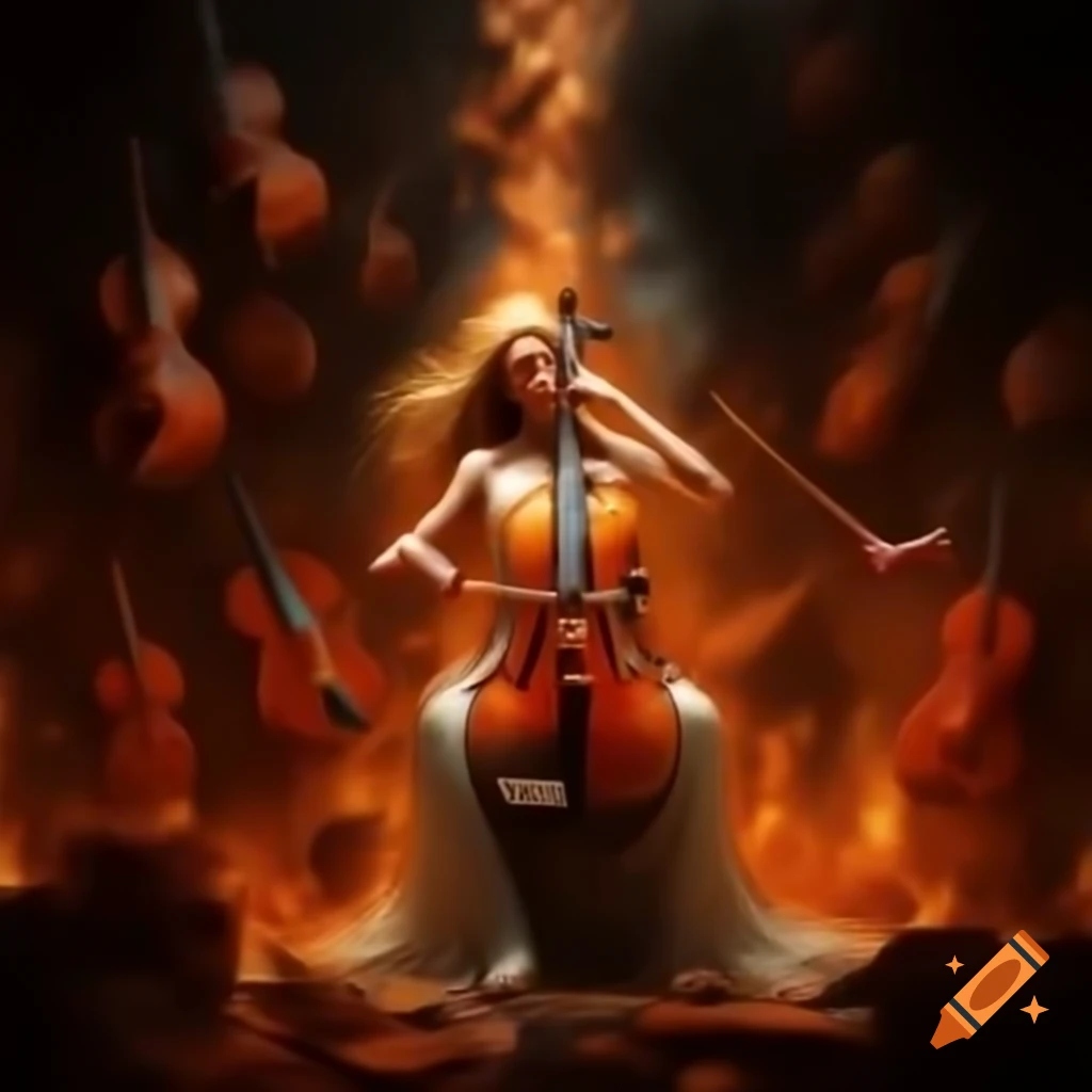 Violist playing in warm glow of burning violins, amid fiery chaos on ...