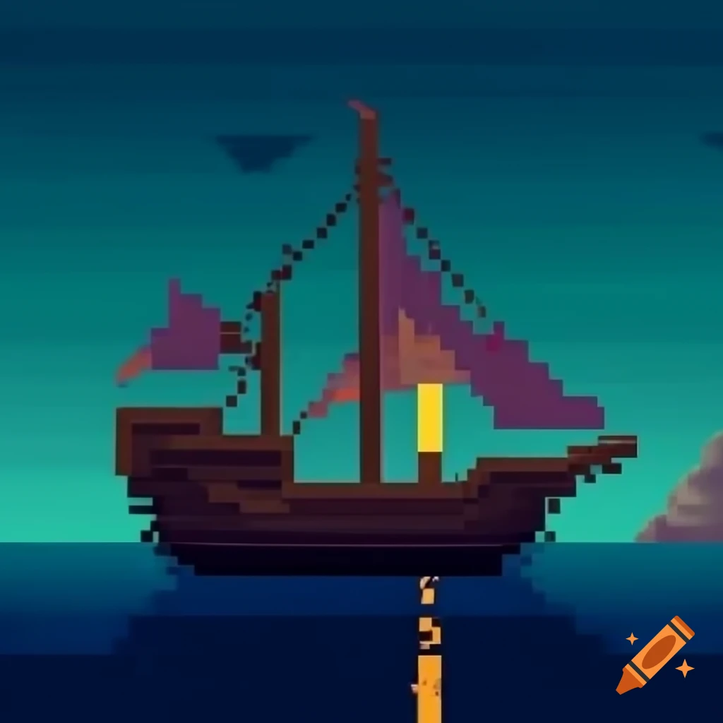 Pixel art sailing boat with dark brown hull and white sails on light ...