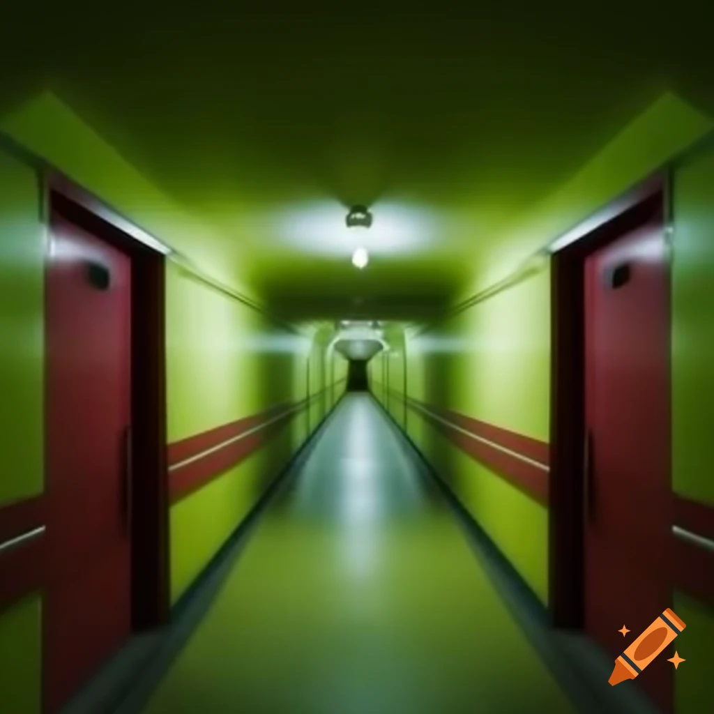 Medium format photograph of dark basement hallway with maroon doors and ...