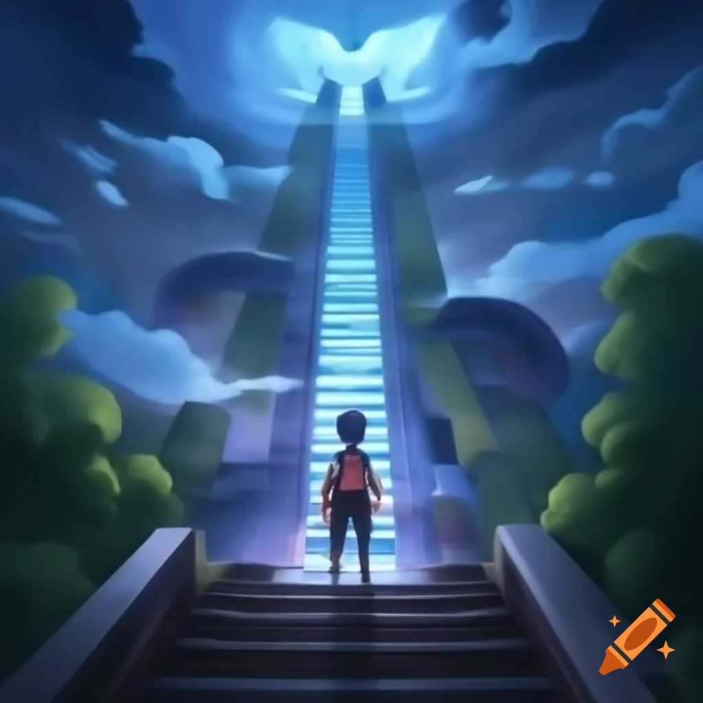 Pokémon Trainer atop colossal staircase ready for adventure on Craiyon