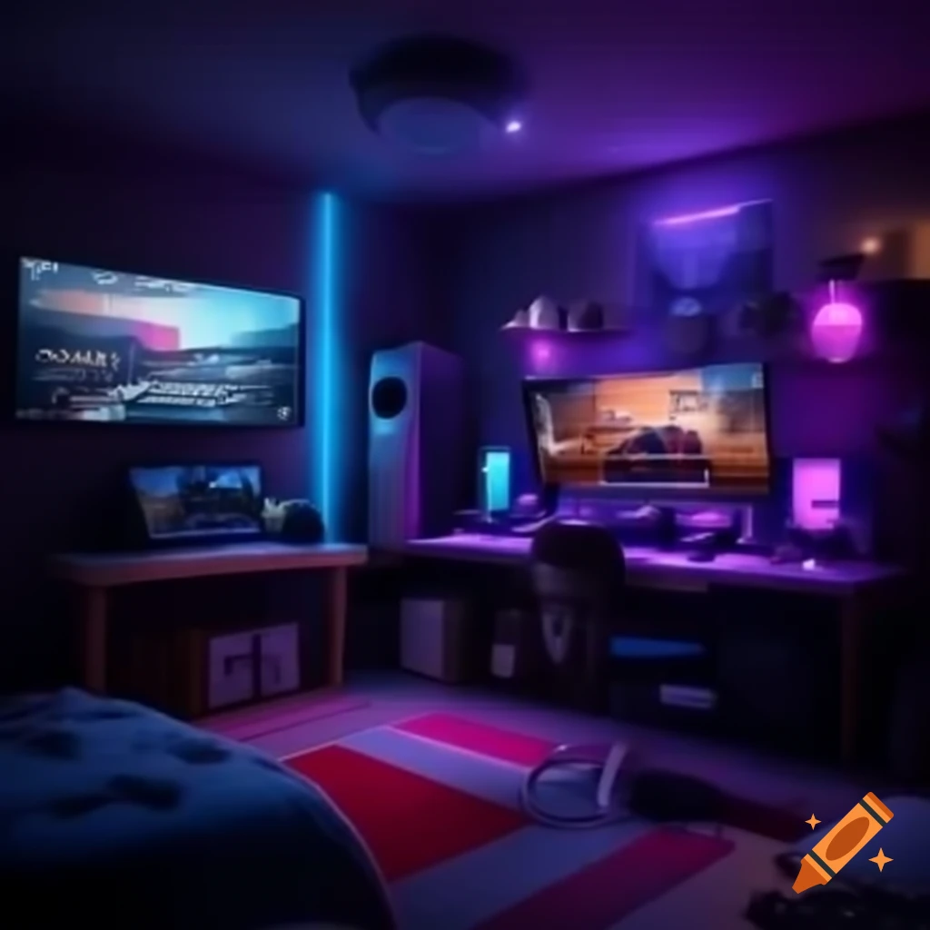 Modern game room with RGB lights and various consoles, immersive ...