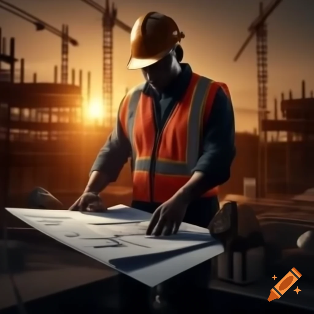 Black civil engineer inspecting blueprint on construction site on Craiyon