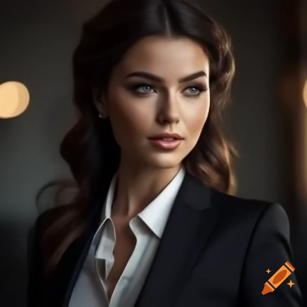 Confident businesswoman in sharp suit with tied back brunette hair on Craiyon
