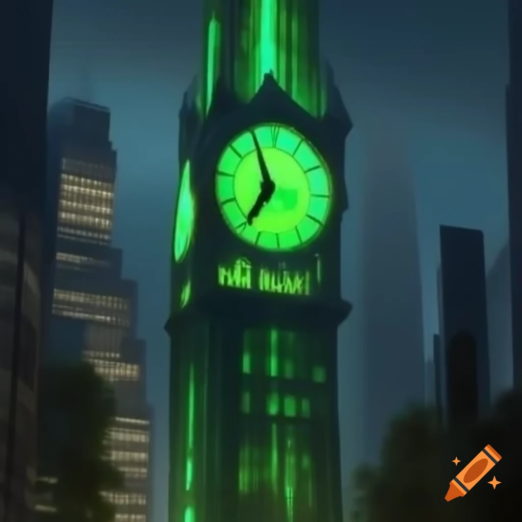 Glowing green alien clock tower in urban city setting on Craiyon