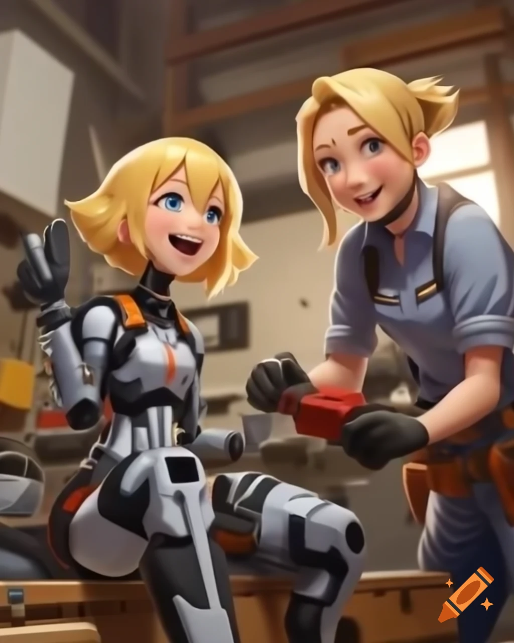 Anime mechanic repairing cheerful blonde-haired cyborg in workshop on ...