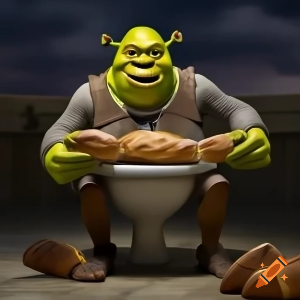 Whimsical scene of Shrek bread character stealing golden toilet from Joe Biden in a sky castle ...