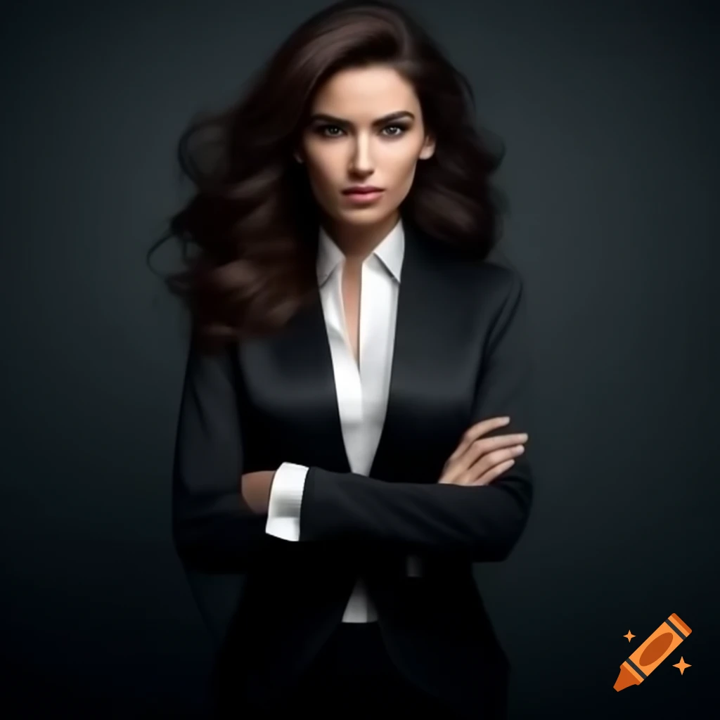 Confident brunette businesswoman in sharp business suit on Craiyon