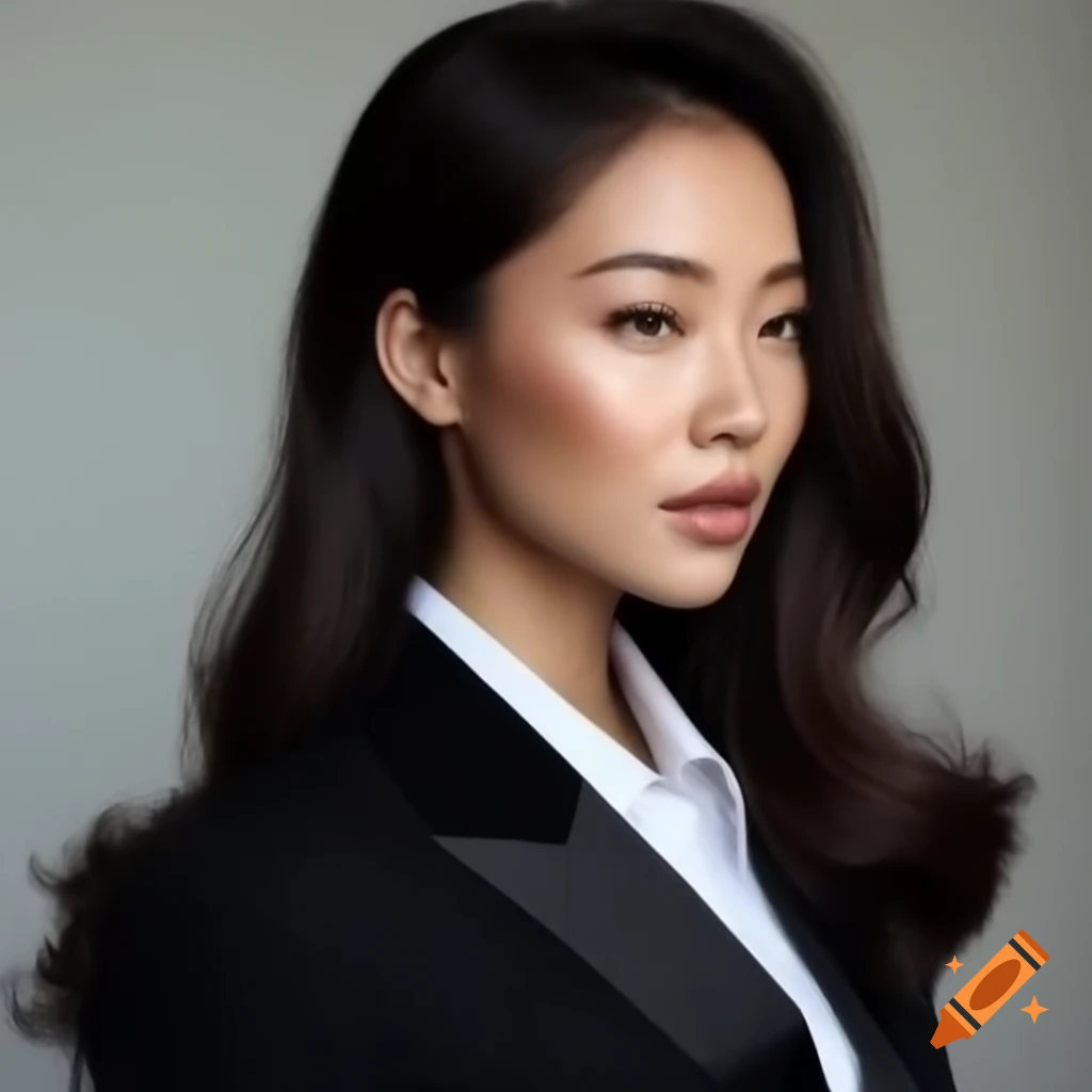 Confident businesswoman in sharp suit with tied back brunette hair on Craiyon