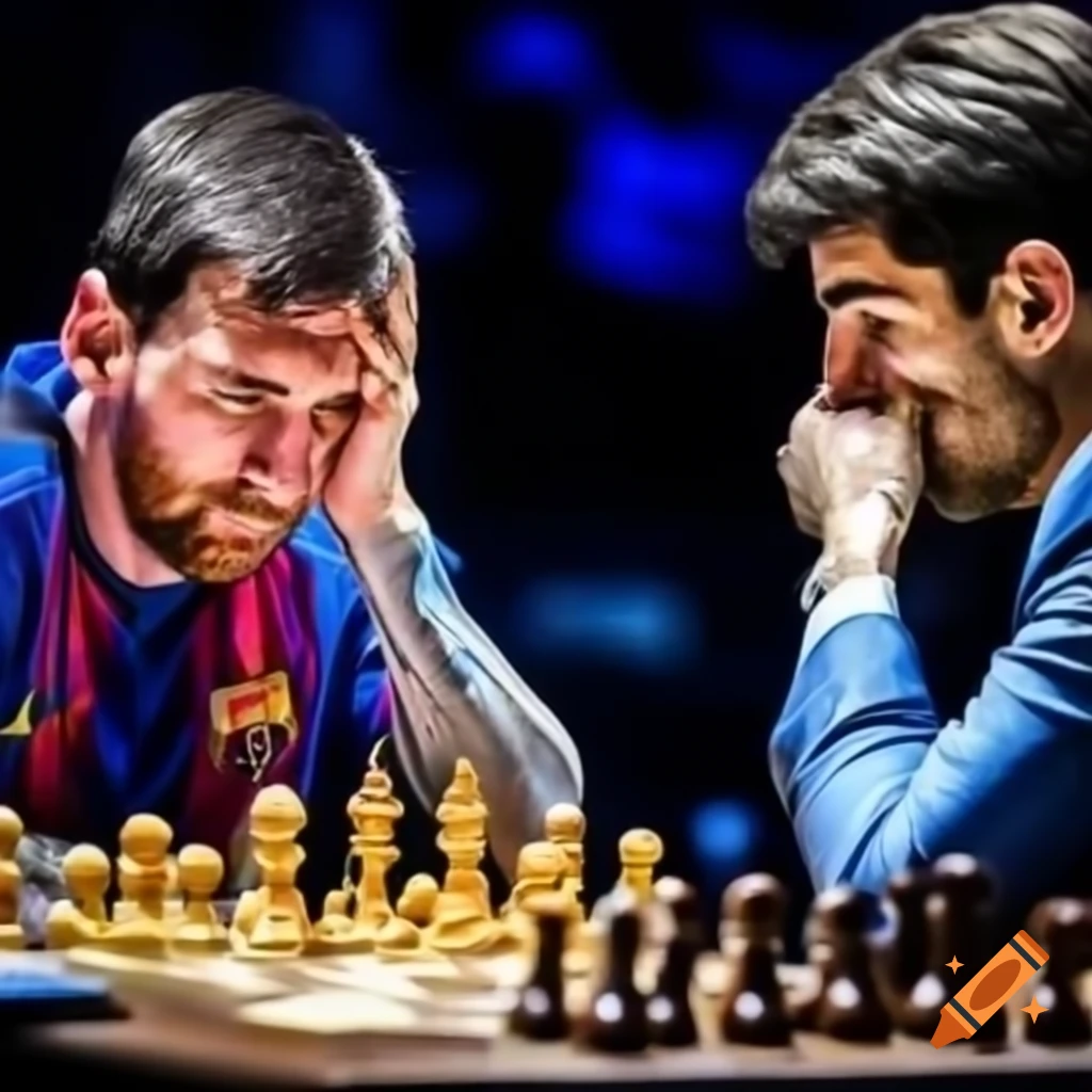 Lionel Messi and Lamine Yamal playing chess with focused expressions on ...